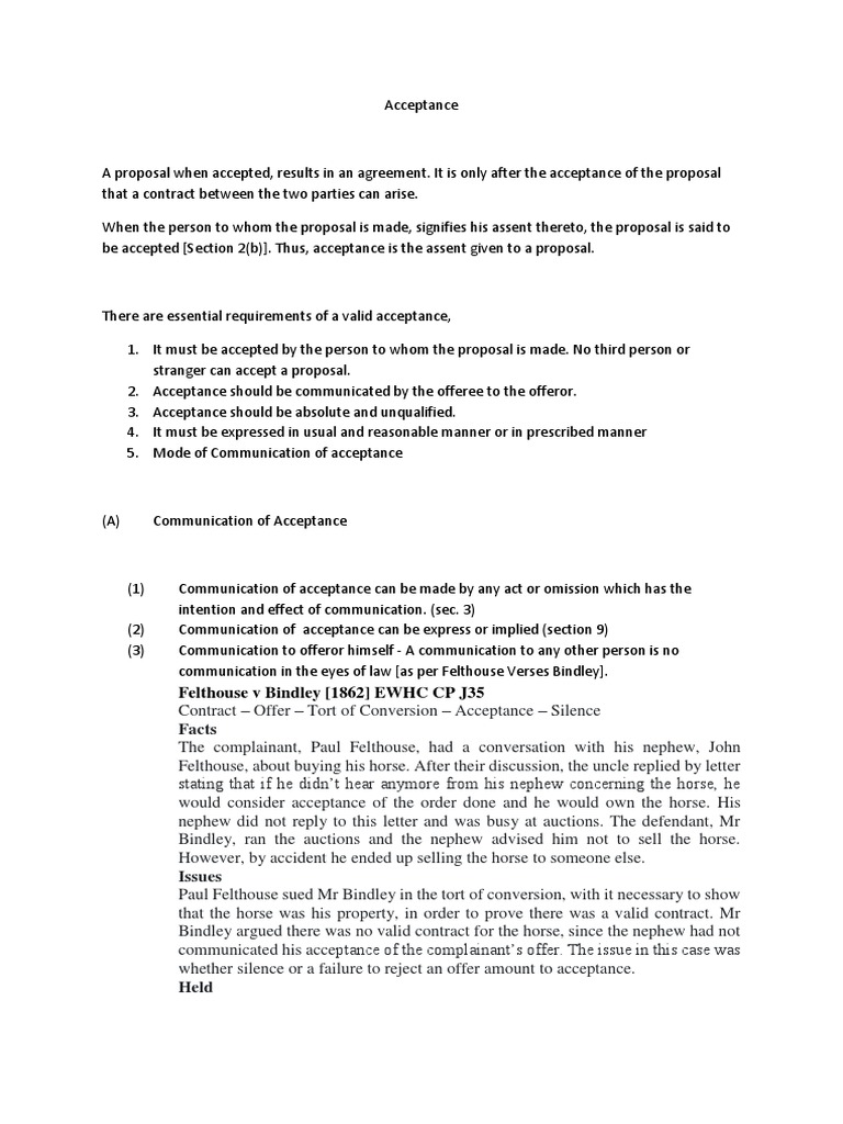 Felthouse V Bindley (1862) EWHC CP J35: Facts | PDF | Offer And ...