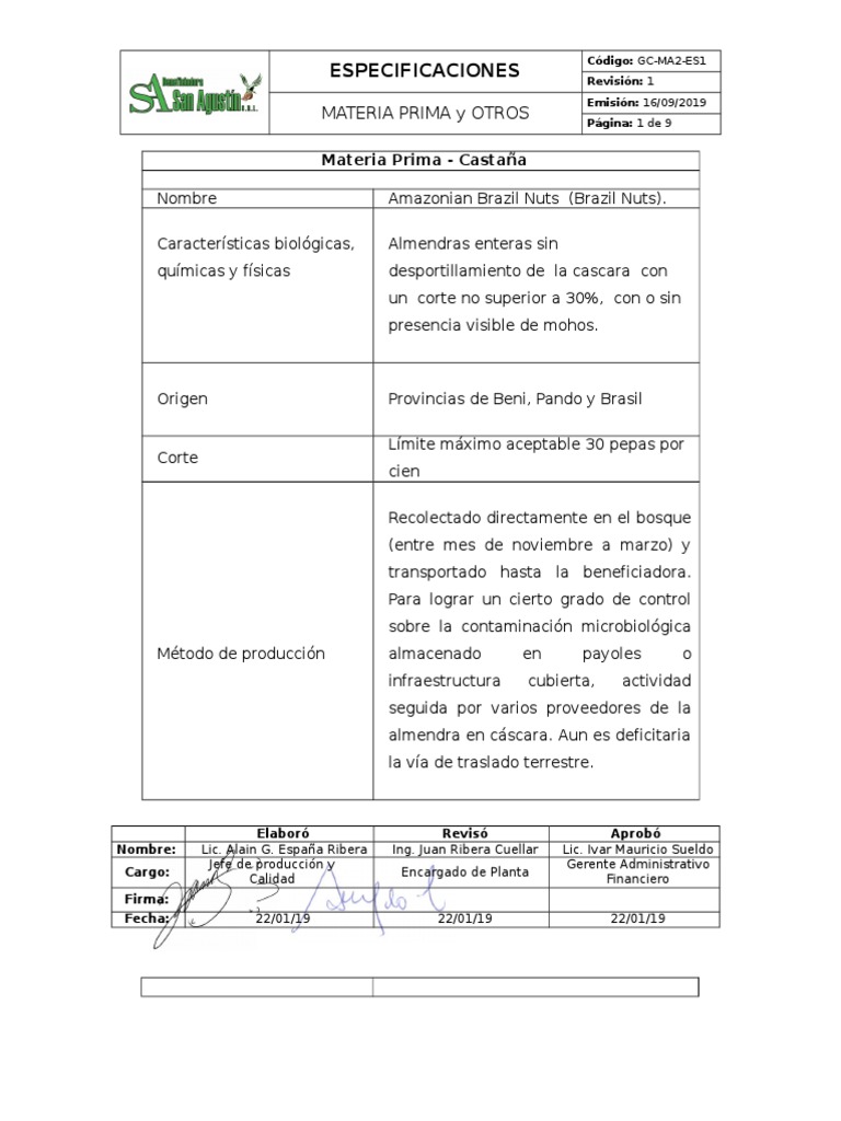 GC-MA2-ES1 Especificaciones de Materia Prima y Otros FSSC 22000 | PDF ...
