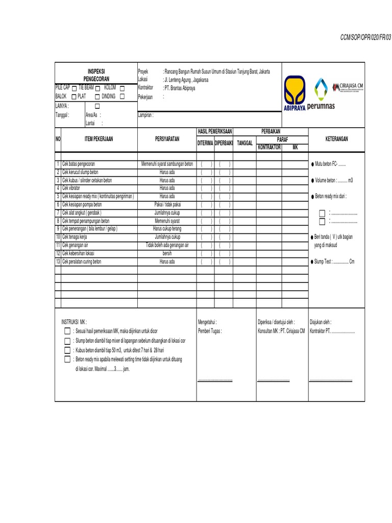 Contoh Ceklis Pengecoran | PDF