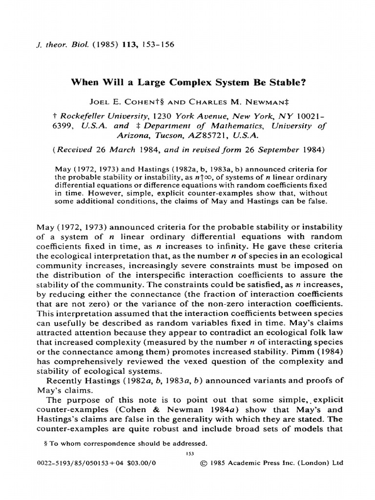 When Will A Large Complex System Be Stable | PDF | Stability Theory ...