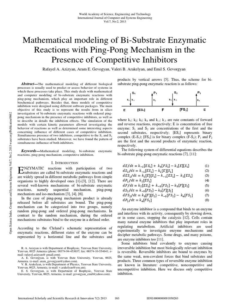 Mathematical Modeling of Bi Substrate Enzymatic Reactions With Ping ...