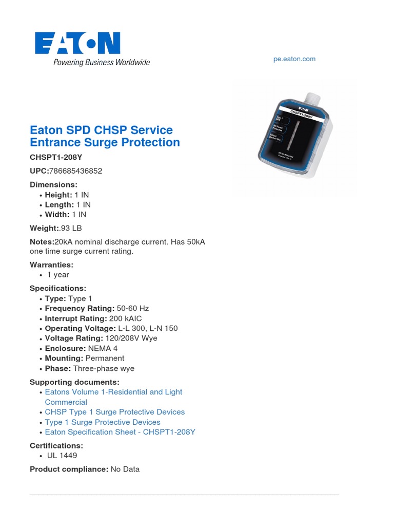 Eaton SPD CHSP Service Entrance Surge Protection: One Time Surge ...