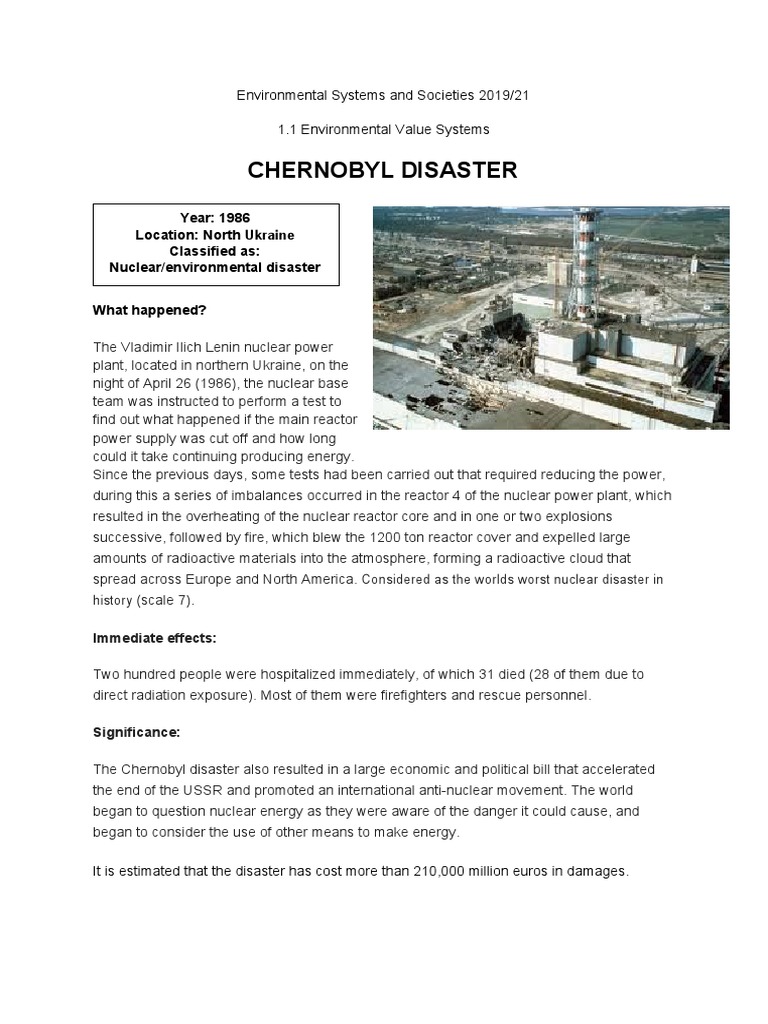 Chernobyl Disaster Environmental Systems And Societies 2019 21 1 1