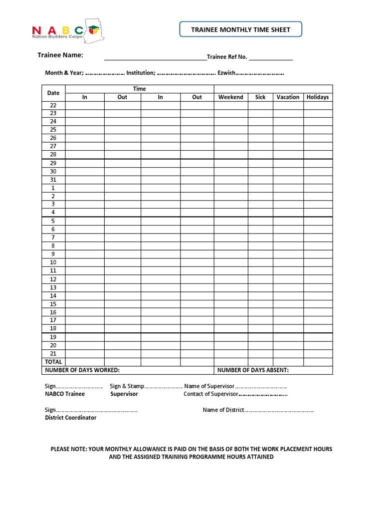 Nabco Trainee Timesheet | PDF | Business