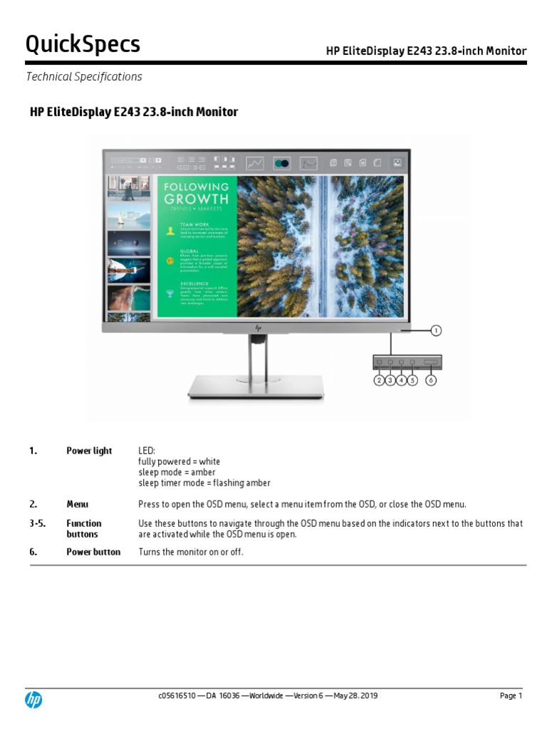 Quickspecs: HP Elitedisplay E243 23.8-Inch Monitor | PDF | Computer ...