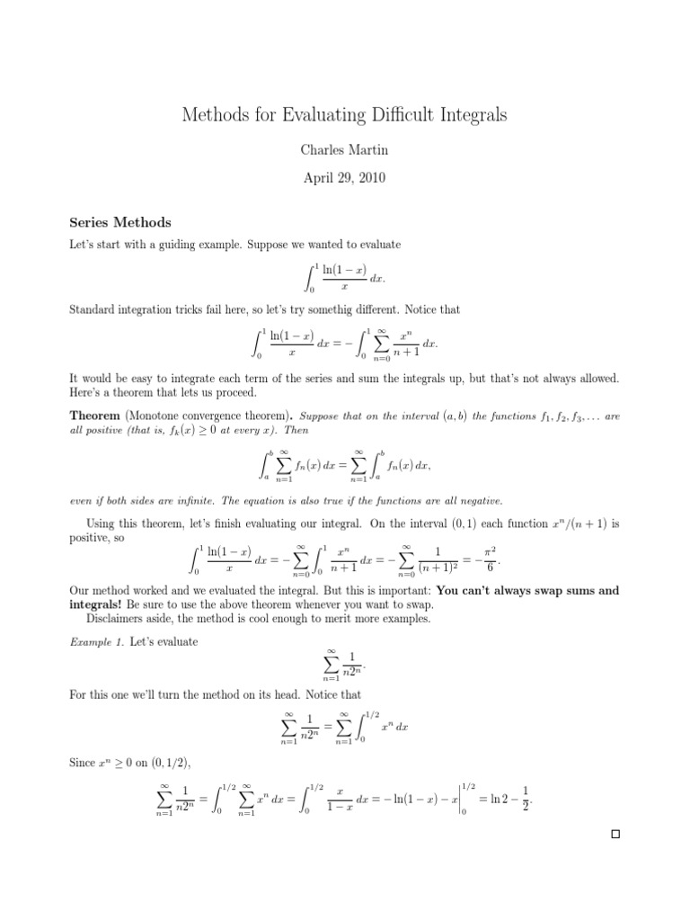 Methods For Evaluating Difficult Integrals: Charles Martin April 29 ...