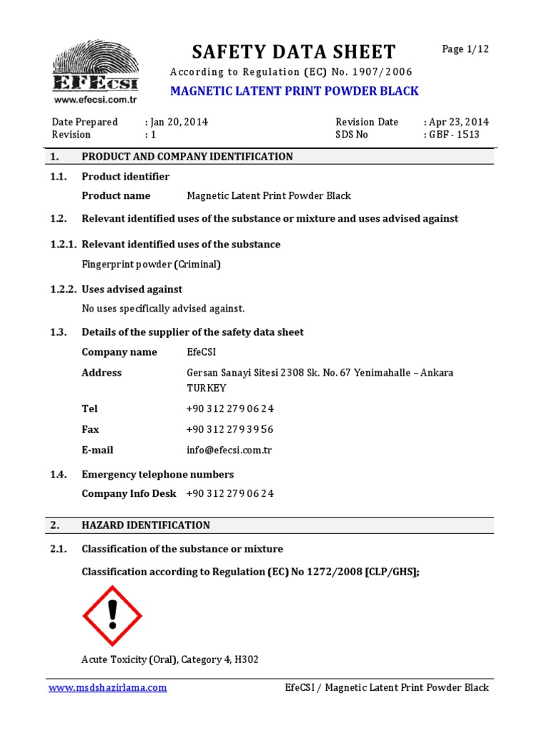 Safety Data Sheet: Magnetic Latent Print Powder Black | PDF | Toxicity ...