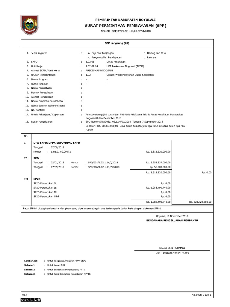Surat Permintaan Pembayaran Gaji PNS | PDF