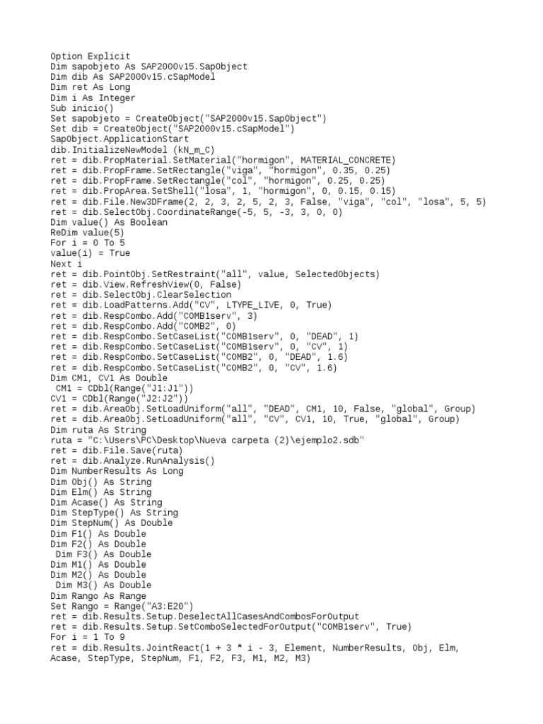 Código Macros para Modelo Ejecutado en Sap2000. | PDF