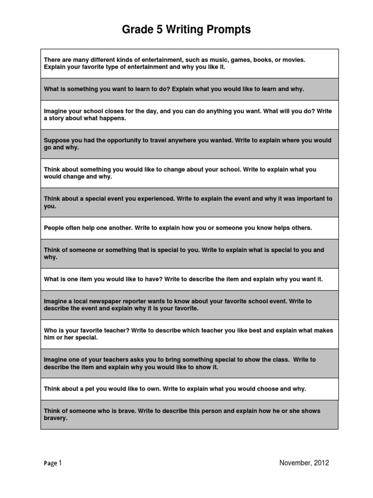 Grade 5 Writing Prompts: November, 2012 | PDF