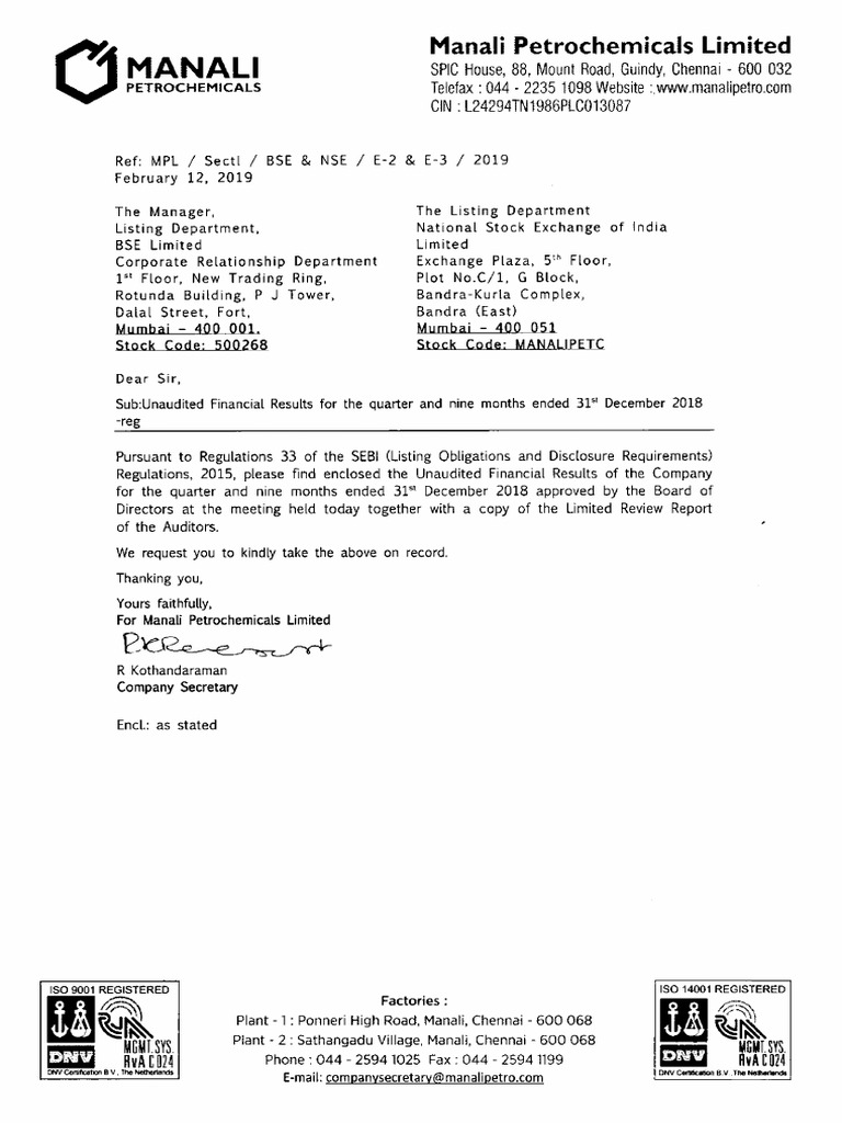 Manali Petrochemicals Limited: SPIC House, 88, Mount Road, Guindy ...