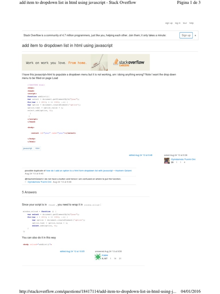 Add Item To Dropdown List in HTML Using Javascript: Sign Up Log in Tour Help | Download Free PDF ...