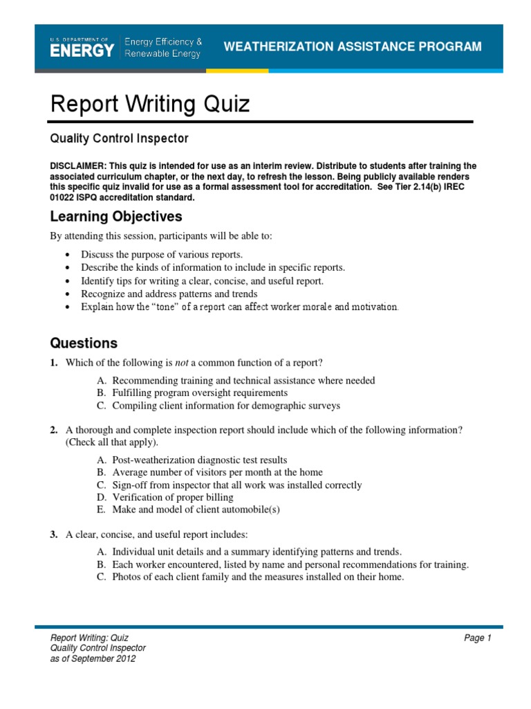 Report Writing Quiz: Learning Objectives | PDF | Audit | Behavior Modification