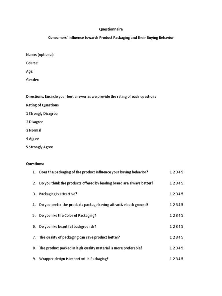 Questionnaire Consumers' Influence Towards Product Packaging and Their ...