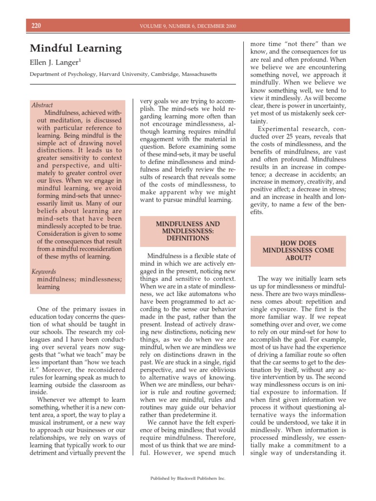 Langer, Ellen, Mindful Learning | Download Free PDF | Mindfulness ...