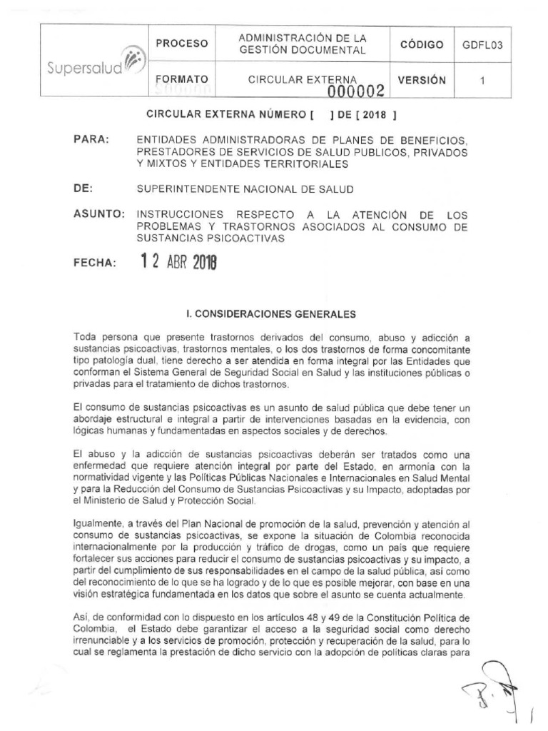 CIRCULAR EXTERNA No. 002 de 2018 PDF | Descargar gratis PDF | Salud mental | Cuidado de la salud