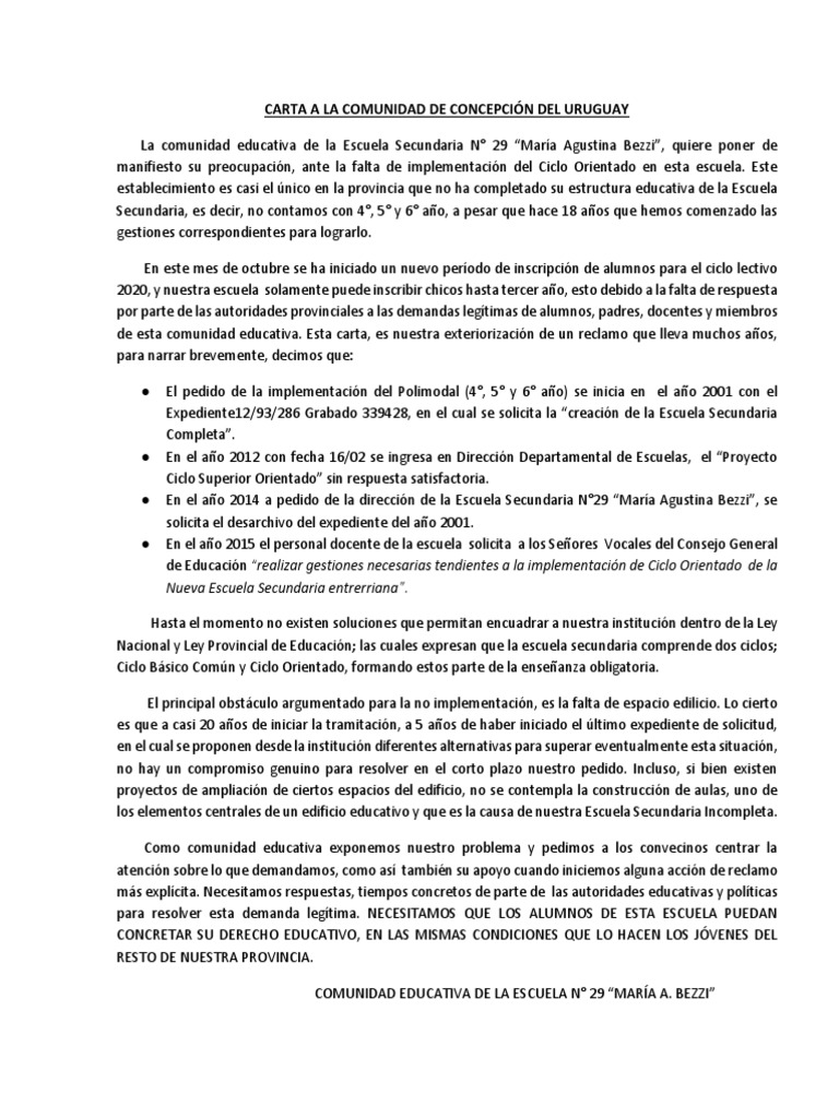 Carta A La Comunidad | PDF | Educación Secundaria | Educación avanzada