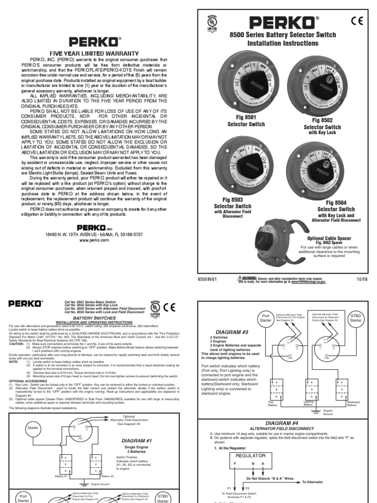 8500 Series Battery Selector Switch Installation Instructions | PDF ...