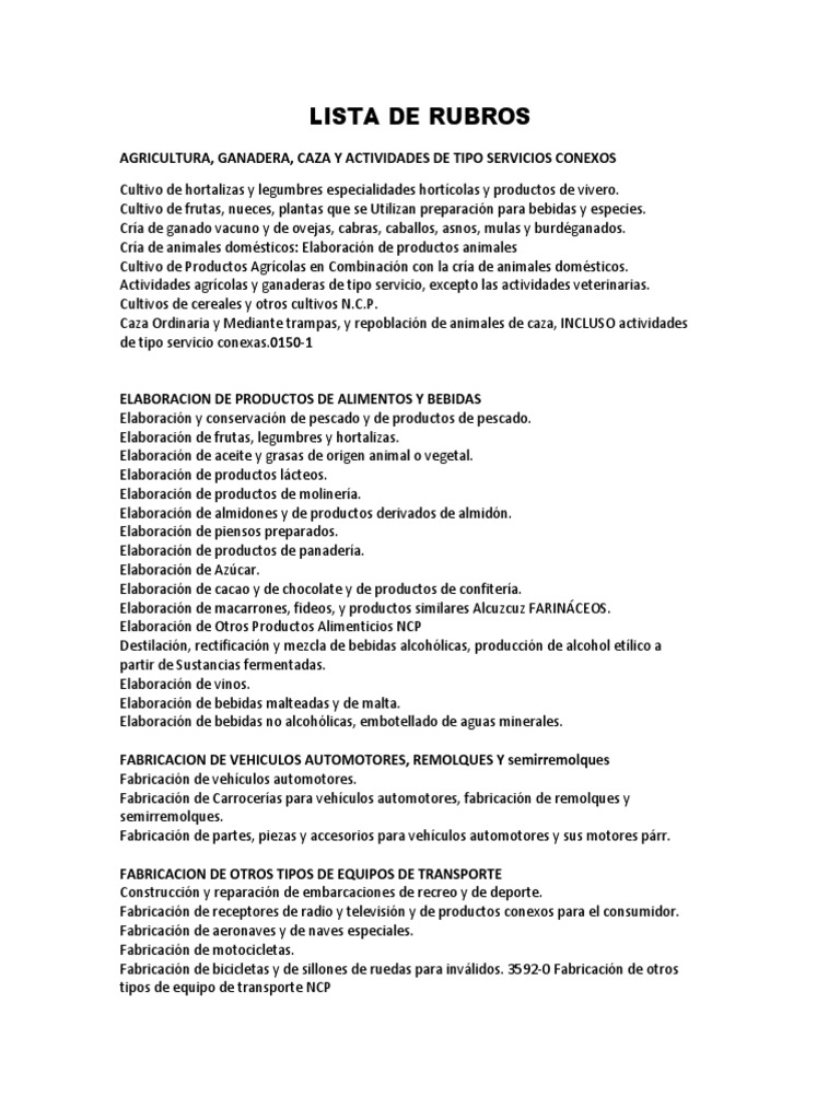 Lista de Rubros | PDF | Transporte | Agricultura