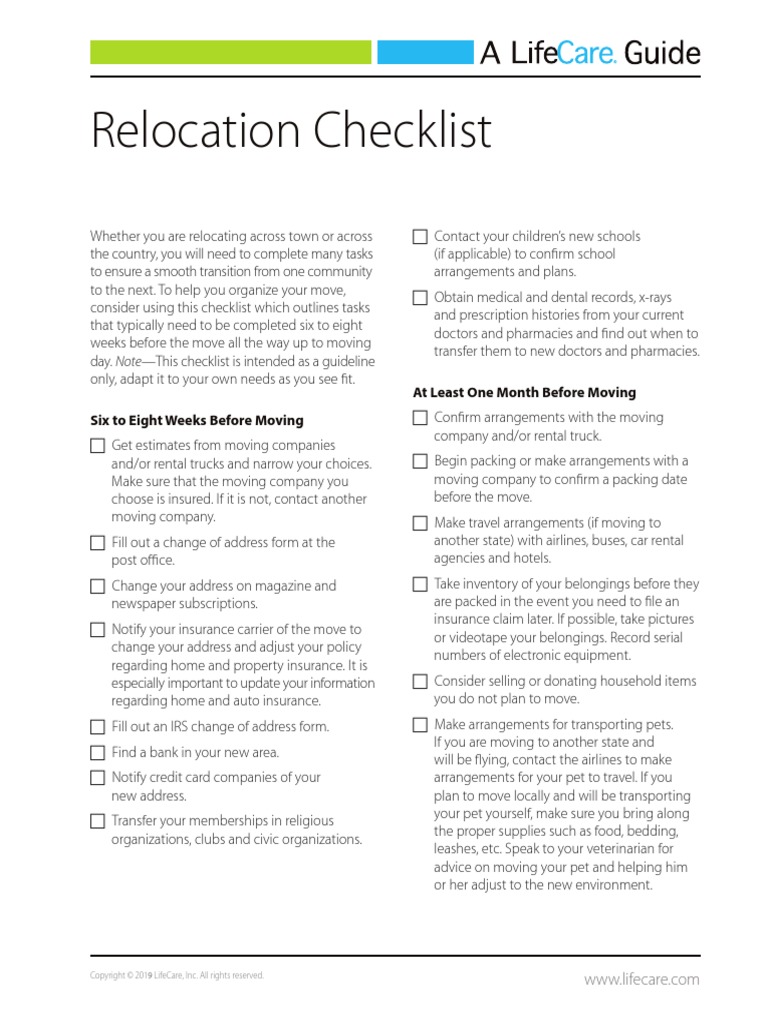 Relocation Checklist: Six To Eight Weeks Before Moving at Least One ...