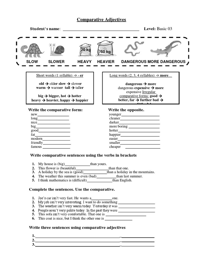 Comparative Adjectives Practice Worksheet | PDF | Grammar | Language ...