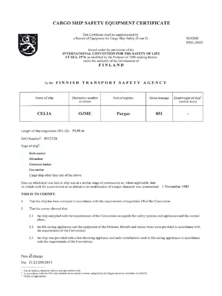 Cargo Ship Safety Equipment Certificate | PDF