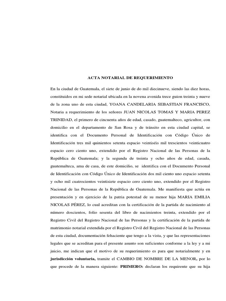 Acta Notarial De Requerimiento Para Cambio De Nombre De Una Menor Pdf