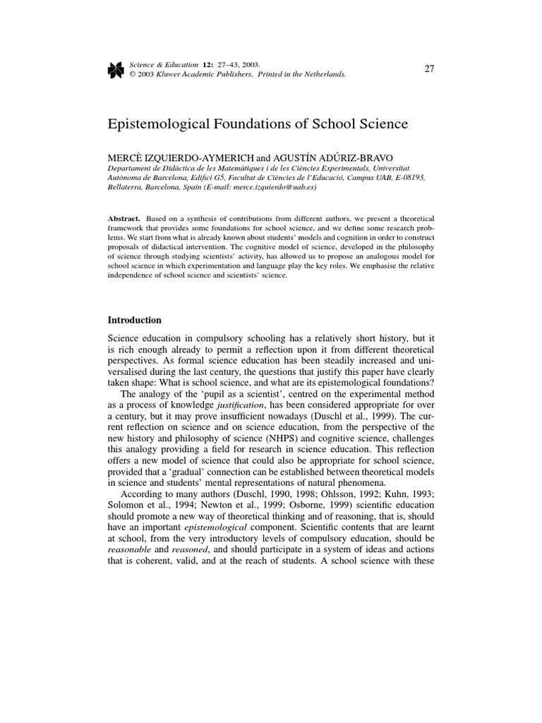 Epistemological Foundations of School Science | PDF | Theory | Science
