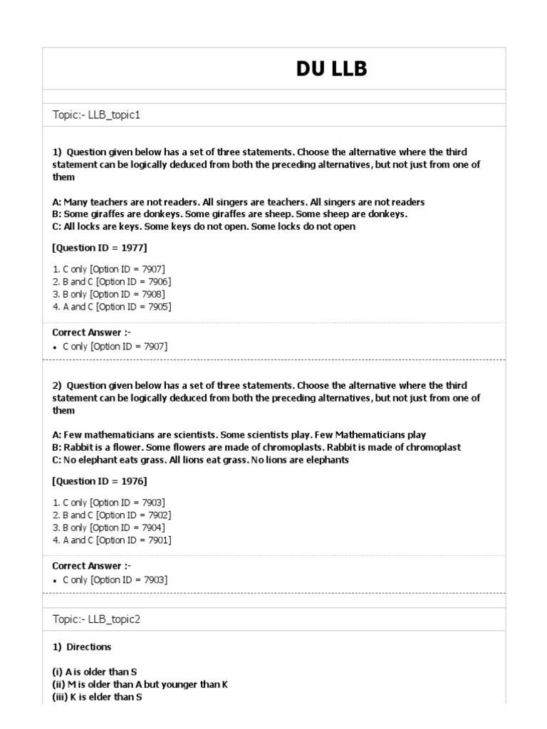 DU LLB Question Papers & Answers | PDF | Common Law | Virtue