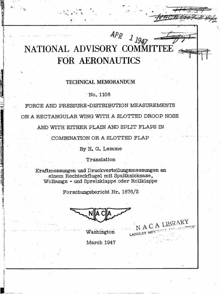 Naca-Tm-1108 Pressure Distribution Rectangular Wing | PDF | Flap ...