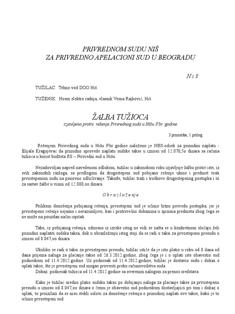 Zalba Taksa Tehnovod | PDF