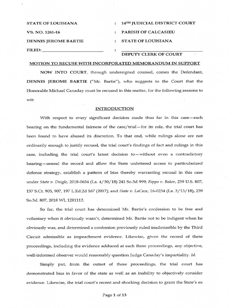 Dennis Jerome Bartie Motion To Recuse | PDF