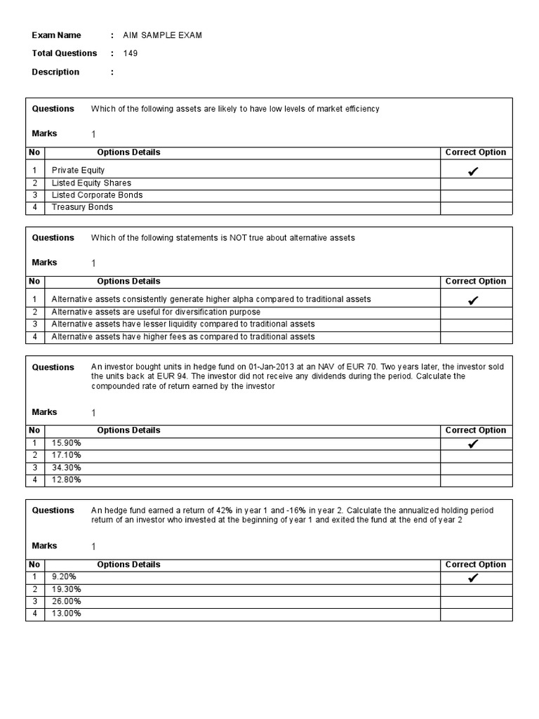 Aim Sample Exam With Answers | PDF | Beta (Finance) | Collateralized ...