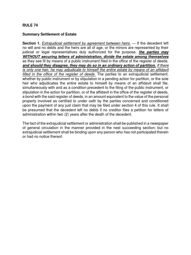 Rule 74 of The Revised Rules of Court | PDF | Intestacy | Deed