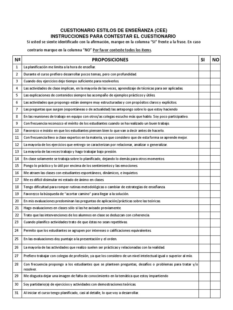 Cuestionario Estilos de Enseñanza | PDF | Prueba (evaluación) | Aprendizaje
