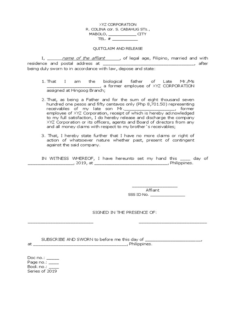 Quitclaim and Release Template | PDF