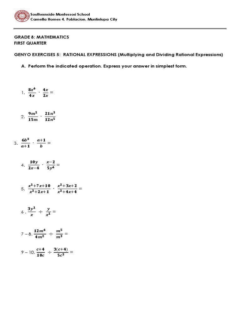 Grade 8 Mathematics First Quarter GENYO EXERCISES 5 RATIONAL
