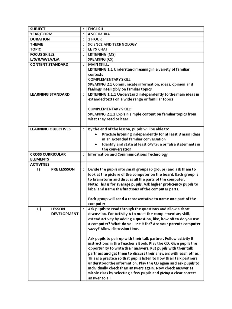 Sample of Lesson Plan For Microteaching (Listening) | PDF | Conversation | Question