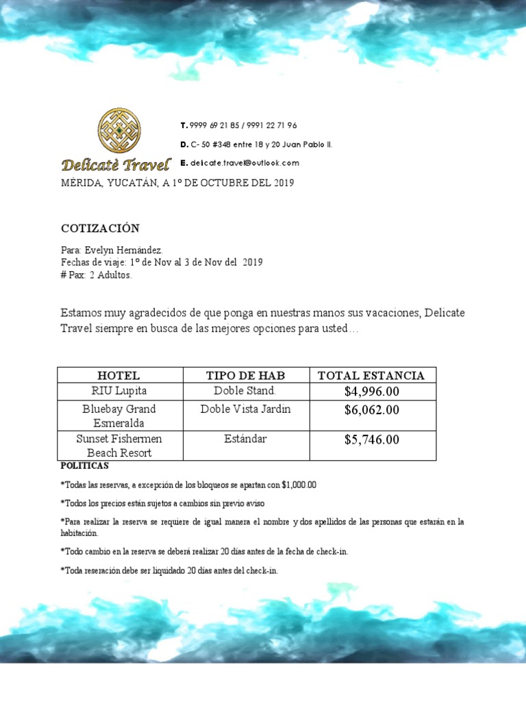 Cotización Evelyn HDZ Ejemplo de Cotización Agencia de Viajes | PDF