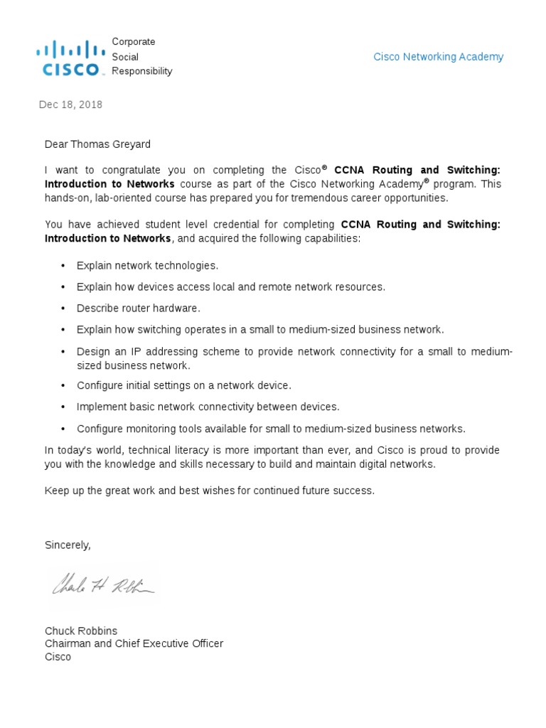 Thomasgreyard 2018 Ccna 1 1a Letter | PDF