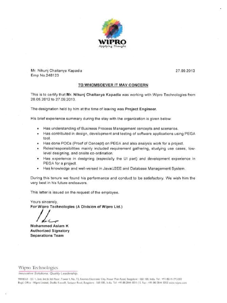 Wipro Experience Letter 1 638 | PDF