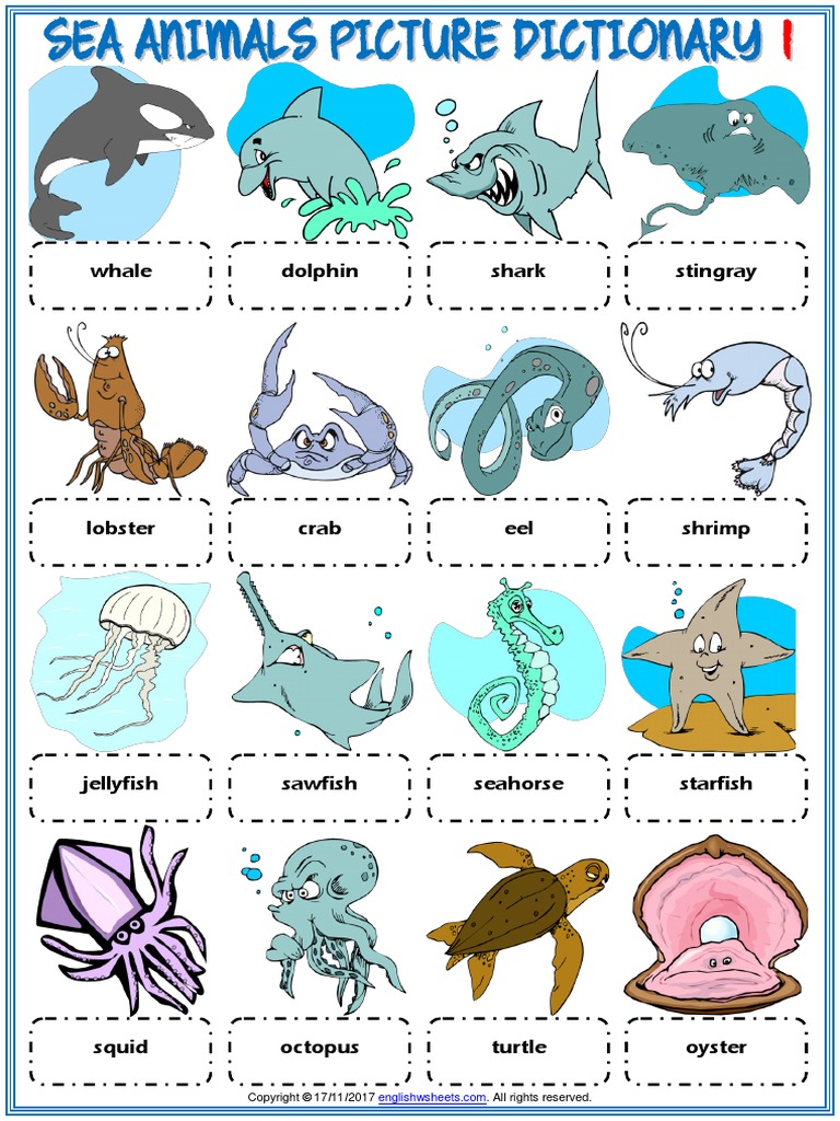 Sea Animals Vocabulary Esl Picture Dictionary Worksheets For Kids | PDF