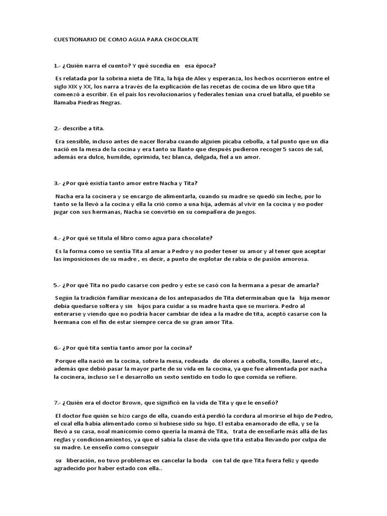 Cuestionario Como Agua para Chocolate | PDF
