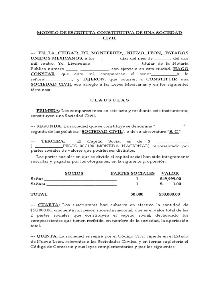 Modelo de Escritura Constitutiva de Una Sociedad Civil | PDF | Sociedad de responsabilidad ...