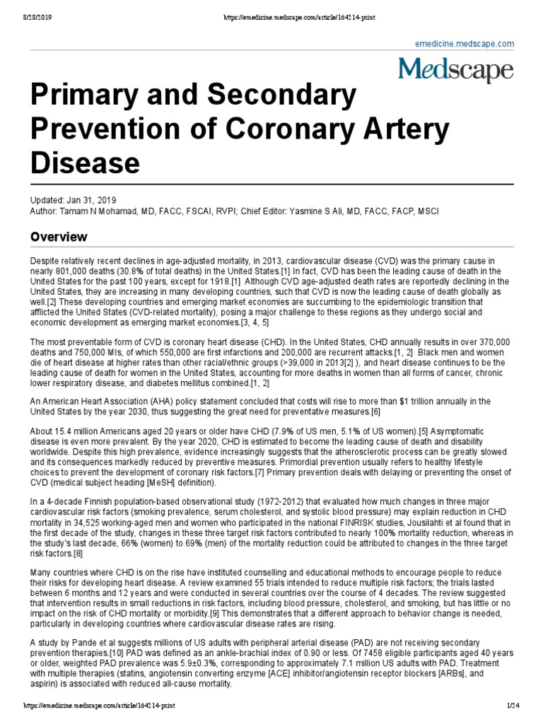Primary and Secondary Prevention of Coronary Artery Disease | PDF ...