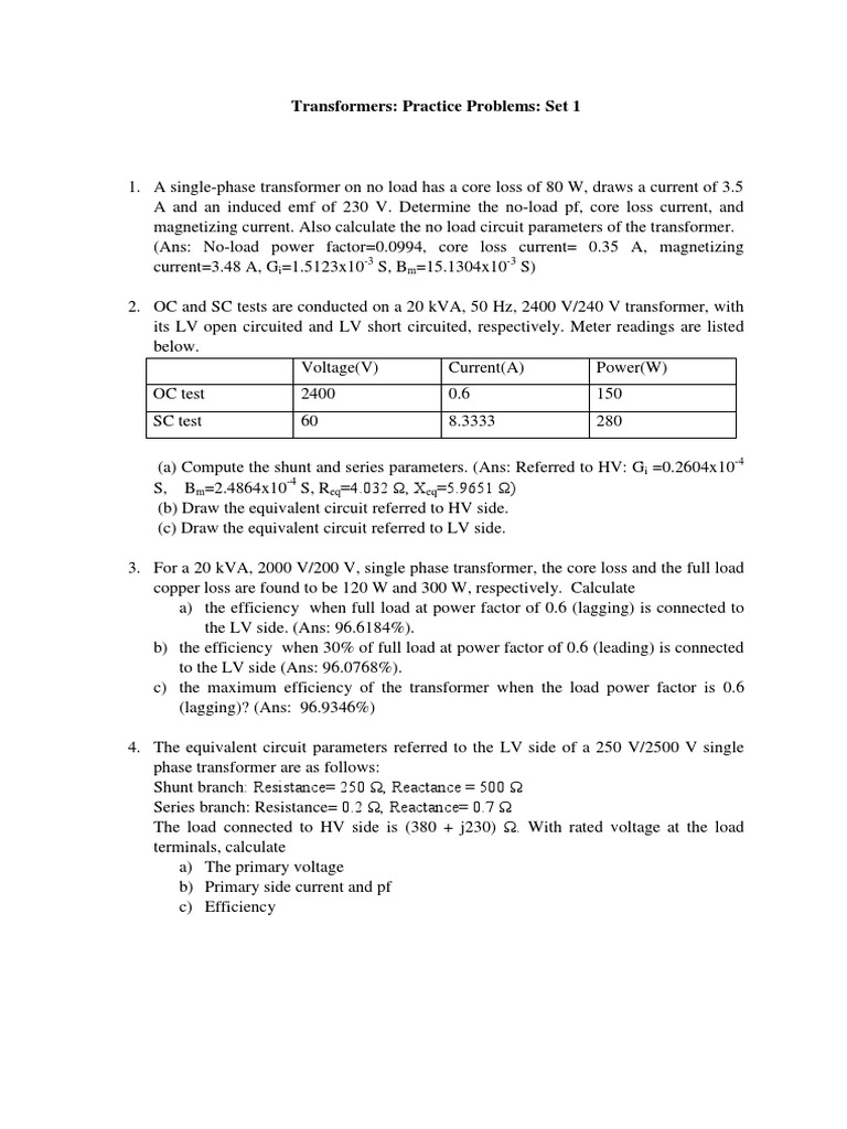 Transformers Practice Problems Set I Pdf Transformer Electrical 2235