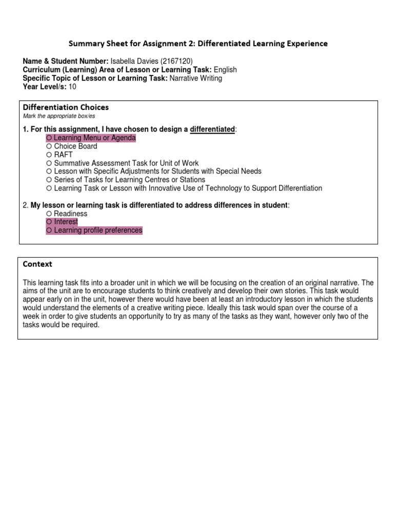Assignment 2 - Learning Menu - Isabella Davies | PDF | Narrative ...