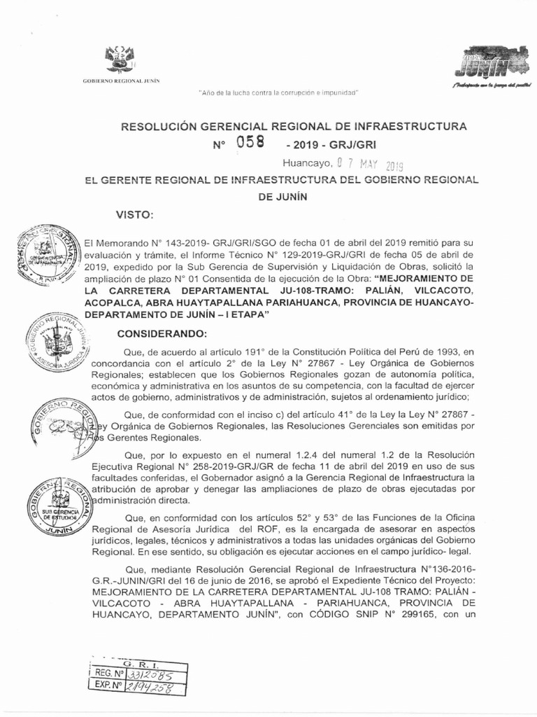 Resoluci NBHV Gerencial Regional de Infraestructura N 058-2019-GR-JUNIN GRI | PDF | Conceptos ...