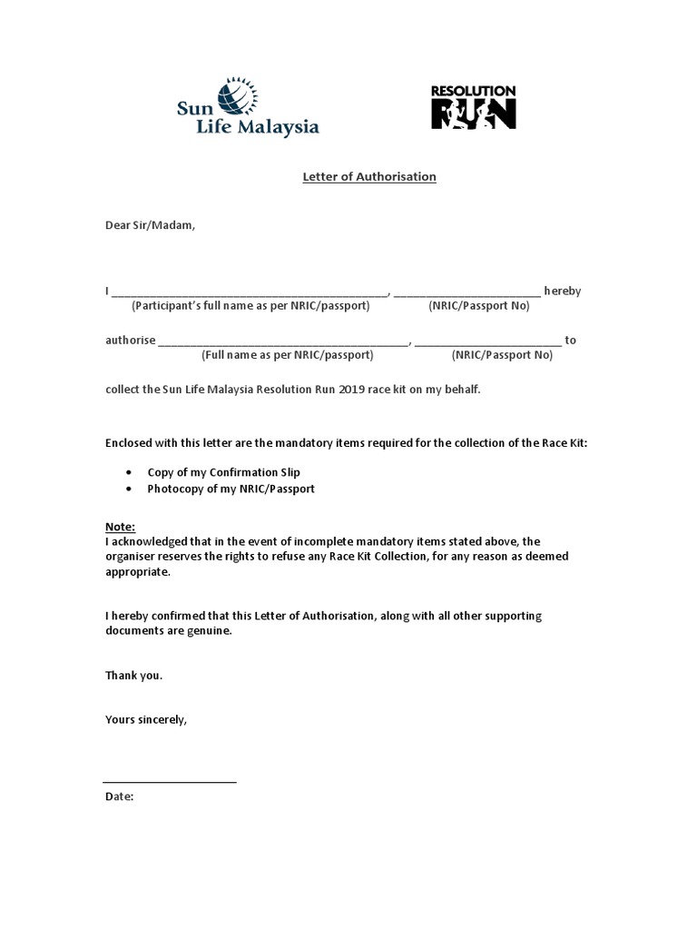 Letter of Authorisation For SLM Resolution Run 2019 Race Kit Collection