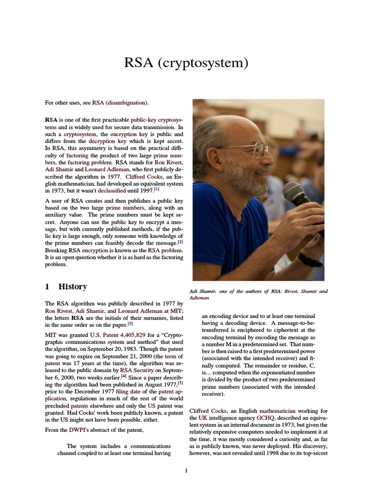 RSA (Cryptosystem) : 1 History | PDF | Cryptography | Public Key Cryptography